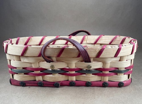 VTG Amish Handcrafted Tri Color Oval Wicker Basket Leather Handles ...