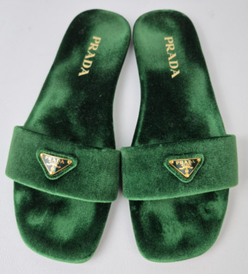 Prada Women's Green Velvet Badge Triangle Logo Slides Sandals Size 38 ...