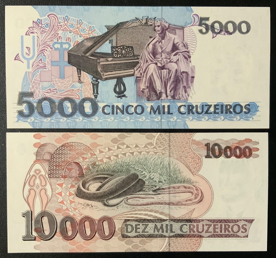 1991 BRAZIL PAPER MONEY - 5,000 & 10,000 CRUZEIROS UNCIRCULATED ...