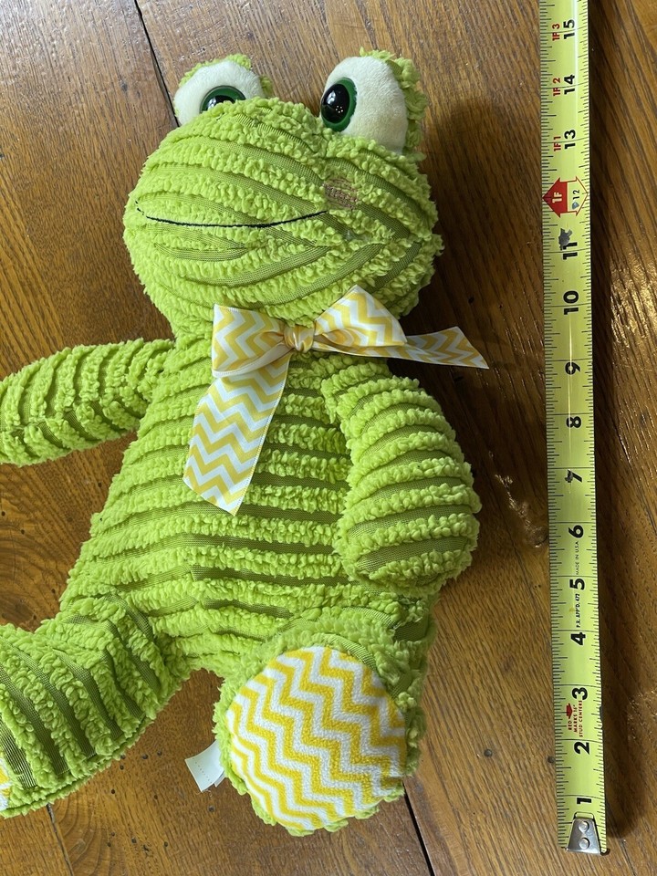 HUG FUN Stuffed CHENILLE Green Frog Plush 15” Yellow Chevron Ribbon ...