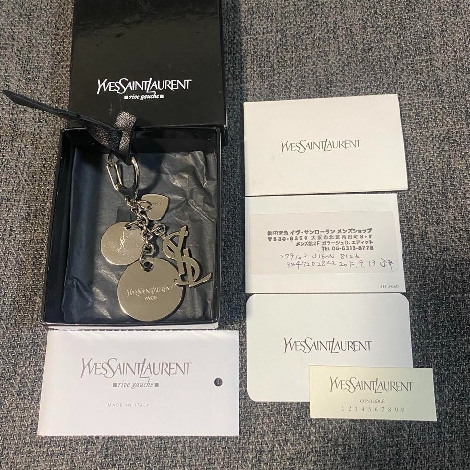 YVES SAINT LAURENT YSL Key holder ring Bag charm Silver Logo Medal Coin ...