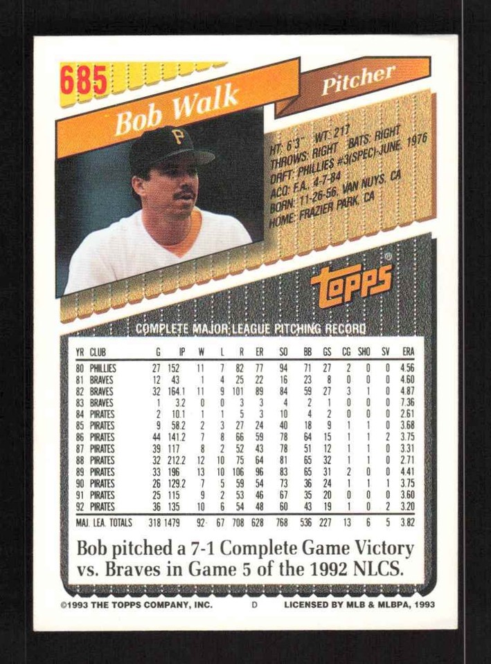 1993 Topps Gold Baseball Bob Walk #685 Pittsburgh Pirates | eBay
