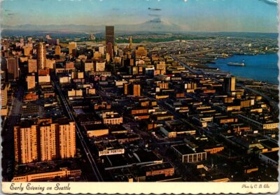 Early evening on Seattle Washington aerial view vintage postcard posted ...