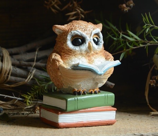 Owl Bird Reading Book Statue Fairy Sculpture Tabletop Figurine Home ...