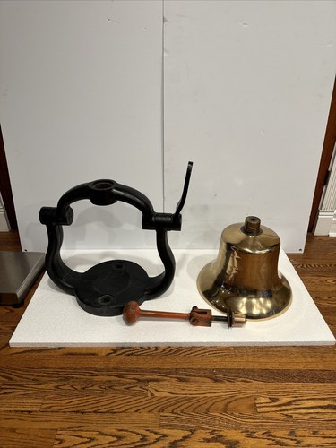 Vintage Train Locomotive Brass Bell 17” Cast Iron Base Frame & Clapper ...