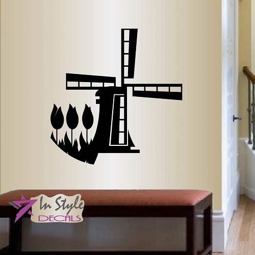 Wall Vinyl Decal Wind Mill And Tulips Flowers Holland Travel Room ...