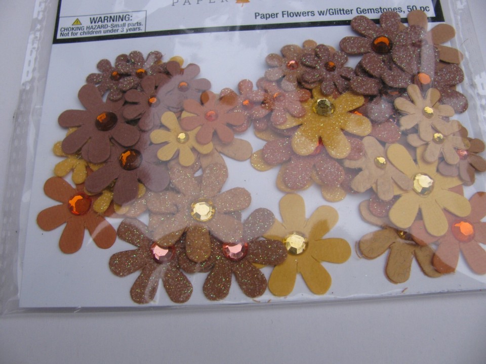 The Paper Studio FALL PAPER FLOWERS W/GLITTER GEMSTONES 50 Pieces NIP ...
