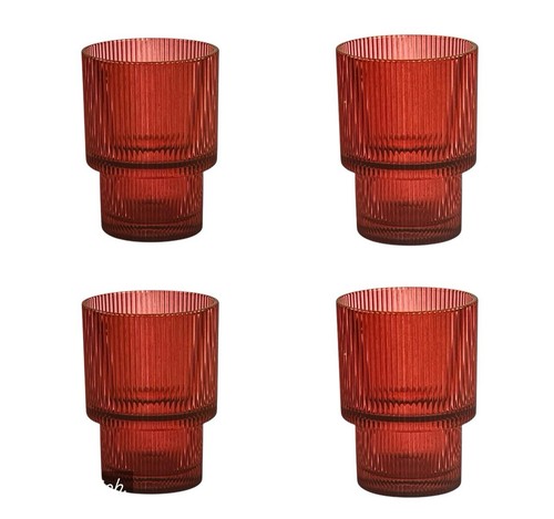 Crofton High Ball Glasses 16oz Set / 4 Red Ribbed Glass Stackable Aldi ...