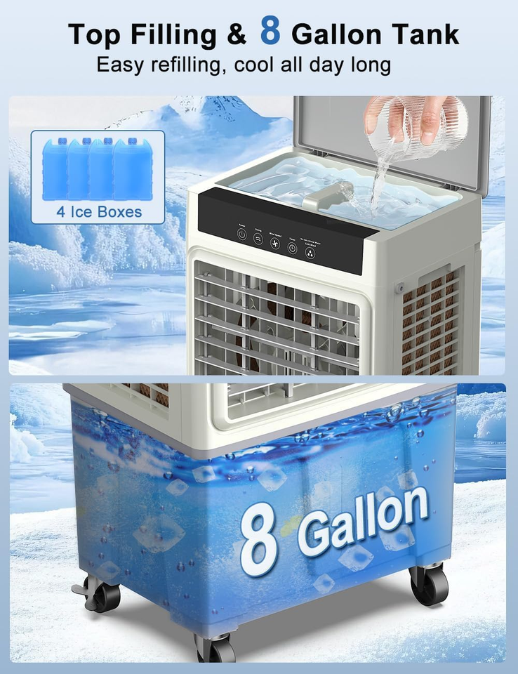 Portable Swamp Cooler with 24H Timer, 8 Gal Tank & 100° Oscillation Fan ...