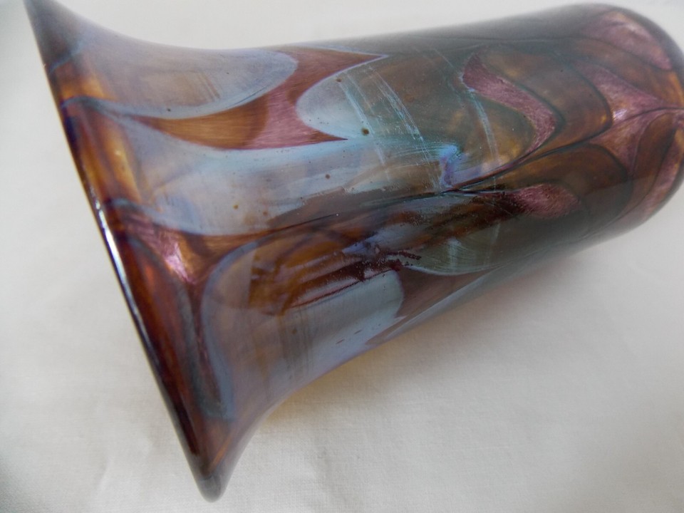 Vintage COWDY iridescent glass VASE studio art signed hand blown pontil ...