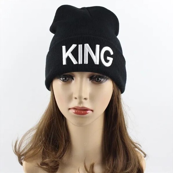 King Black with White Embroided Beanie Knitted Hip-Hop Fashion Hats ...