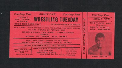 RARE 1967 wrestling ticket Mario Milano Rossi Alex Perez Mario Galento ...