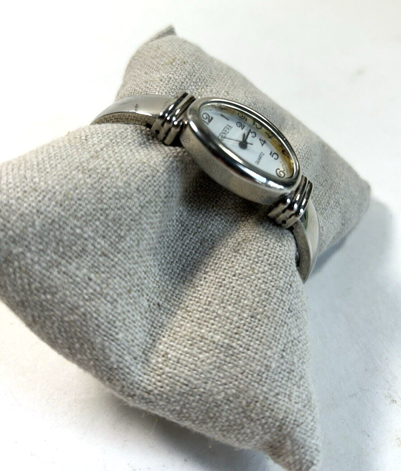 Geneva Quartz Watch White Oval Face Silver Toned Cuff Band with New ...