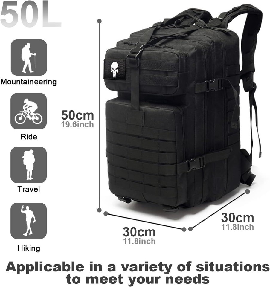 50L Large Tactical Military Backpack Waterproof Rucksack Hiking Laptop ...