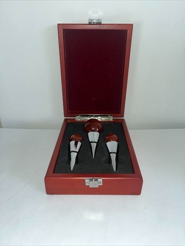 3 Wine Bottle Stoppers in Beautiful Wooden Box - Wood and Stainless ...