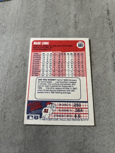 1990 Fleer - #587 Mark Lemke MINT Card With 2 Errors MINT CONDITION ...