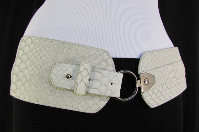 Women Black White Beige Elastic Fashion Belt Snake Skin Wide Faux ...