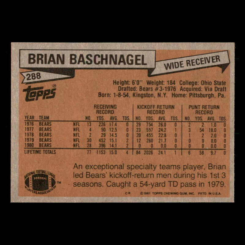 Brian Baschnagel [Base] #288 Chicago Bears - 1981 Topps Football EX-MT ...