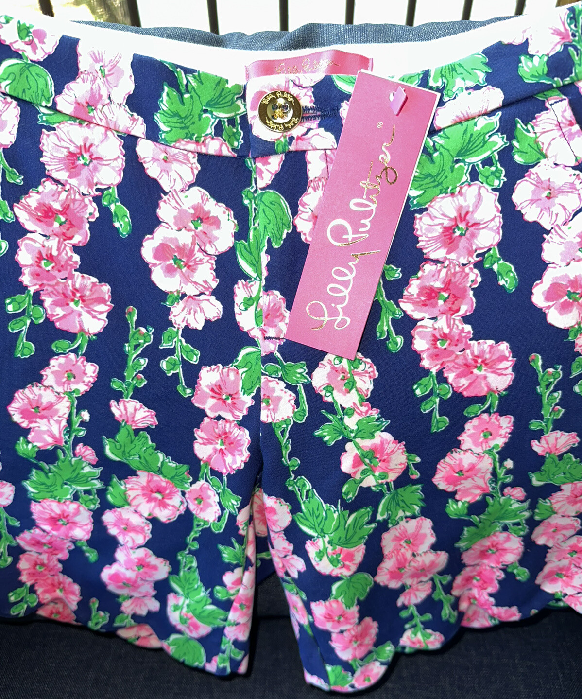 New! LILLY PULITZER Darci Knit Shorts Oyster Bay Navy w/Pink Flowers ...