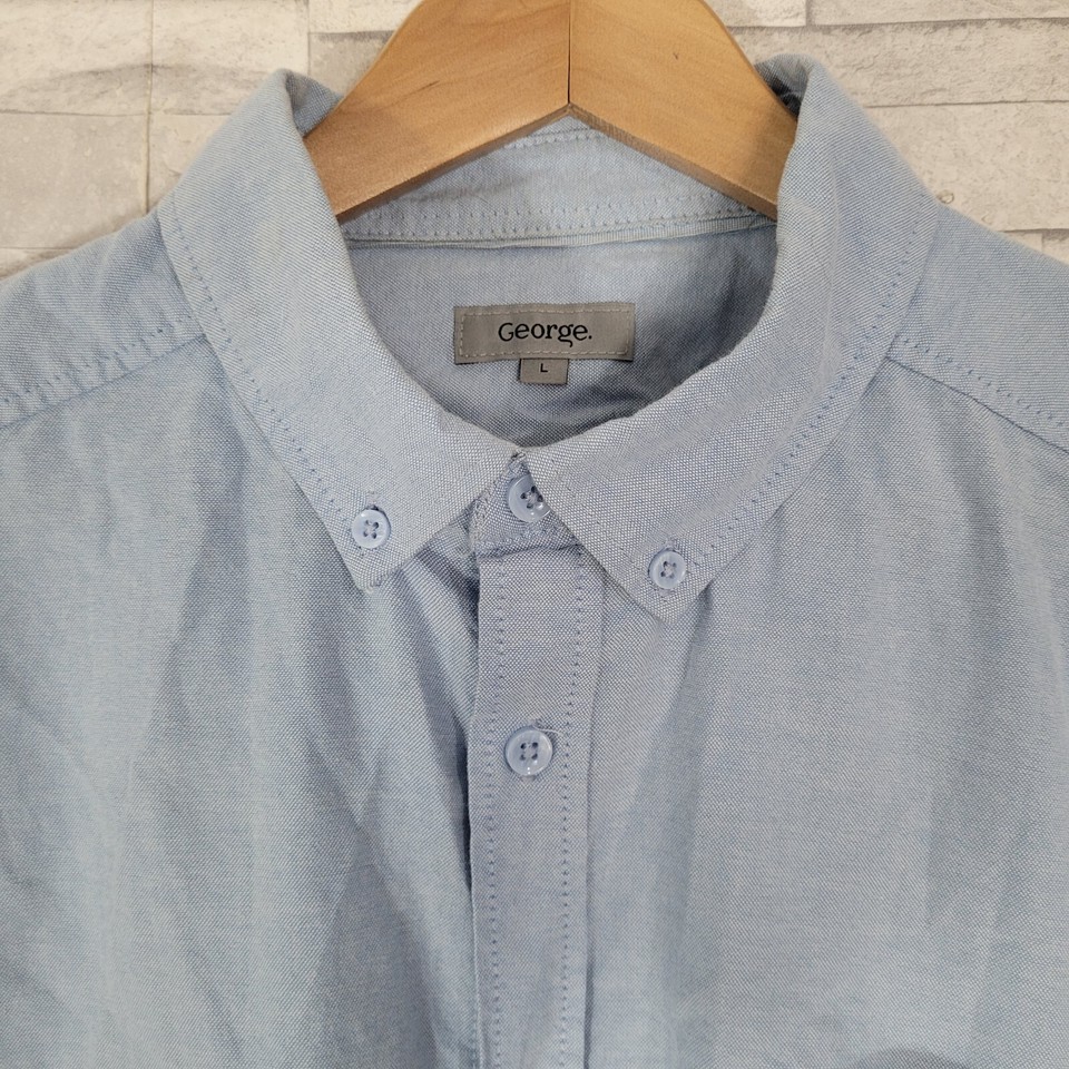 Mens GEORGE Shirt Blue Oxford Cotton Large Relaxed Fit Short Sleeved ...