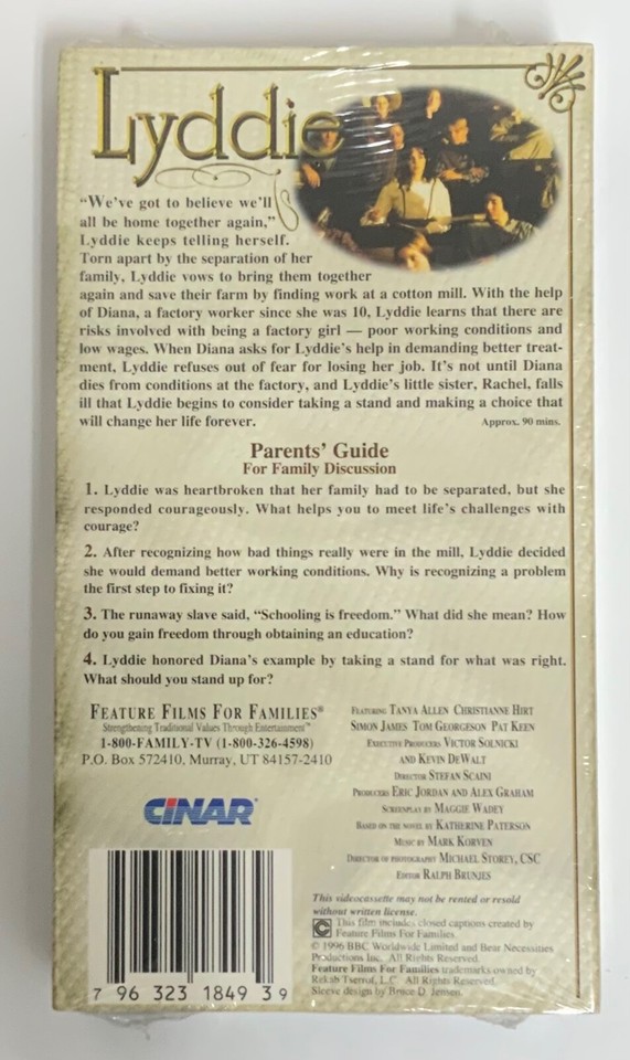 Lyddie VHS 1996 Tanya Allen Christianne Hirt Stefan Scaini Brand New ...