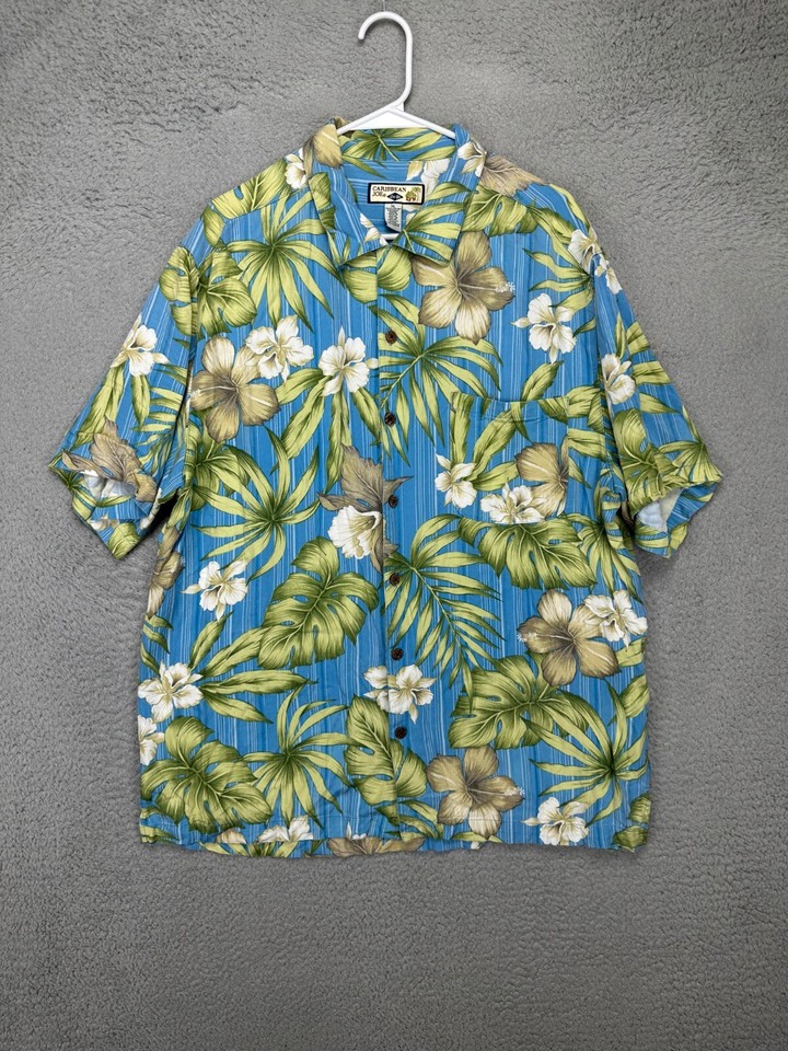 Caribbean Joe Shirt Adult XL Let Go Blue Green Floral Hawaiian Button ...