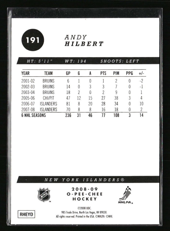 Andy Hilbert 2008 O-pee-chee #191 Hockey Card | eBay