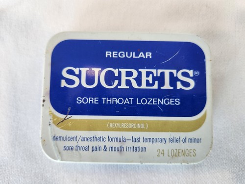Vintage Sucrets Lozenge Tim Metal Box Made In USA Empty Blue Gold White ...