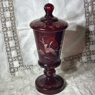 Vintage Bohemian Ruby Red Cut to Clear Lidded candy jar/ urn 9” | eBay