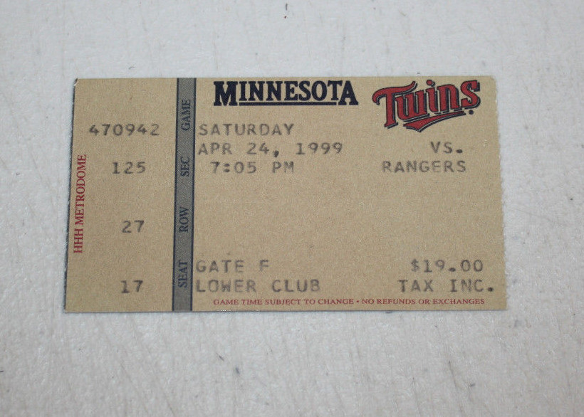 Minnesota Twins Ticket Stub | April 24 1999 | Mike Venafro Debut ...