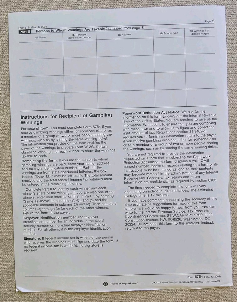 IRS Form 5754 Statement By Person Receiving Gambling Winnings, Any Year ...
