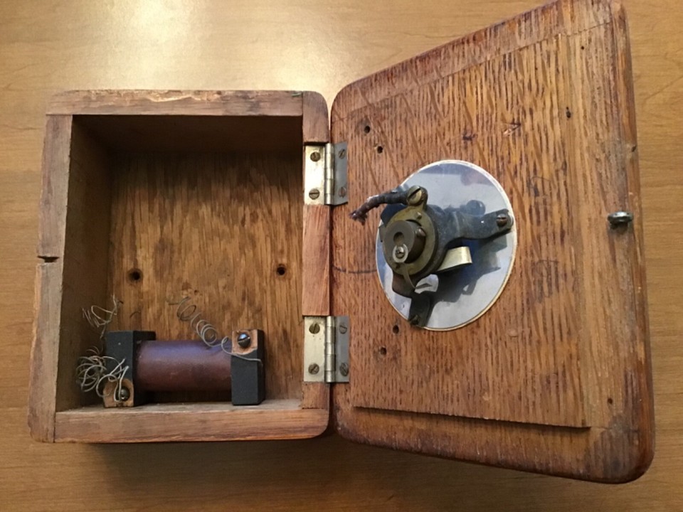 Oak Telephone Transmitter Box with Bakelite Mouthpiece and Door Latch ...