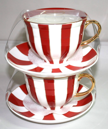 Grace Teaware Set of 2 Teacup & Saucer Sets Red & White Stripes w/ Gold ...