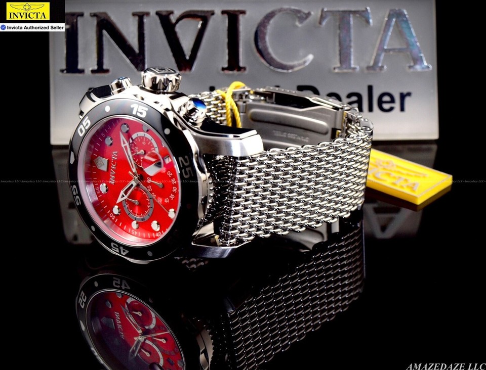 NEW Invicta Men's 48mm ProDiver Scuba Chrono Mesh Bracelet RED DIAL SS ...