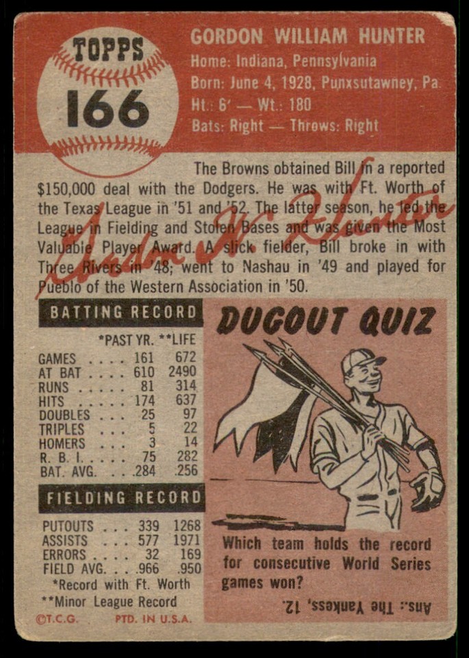 1953 Topps Bill Hunter St. Louis Browns #166 VG (Wrinkle) | eBay