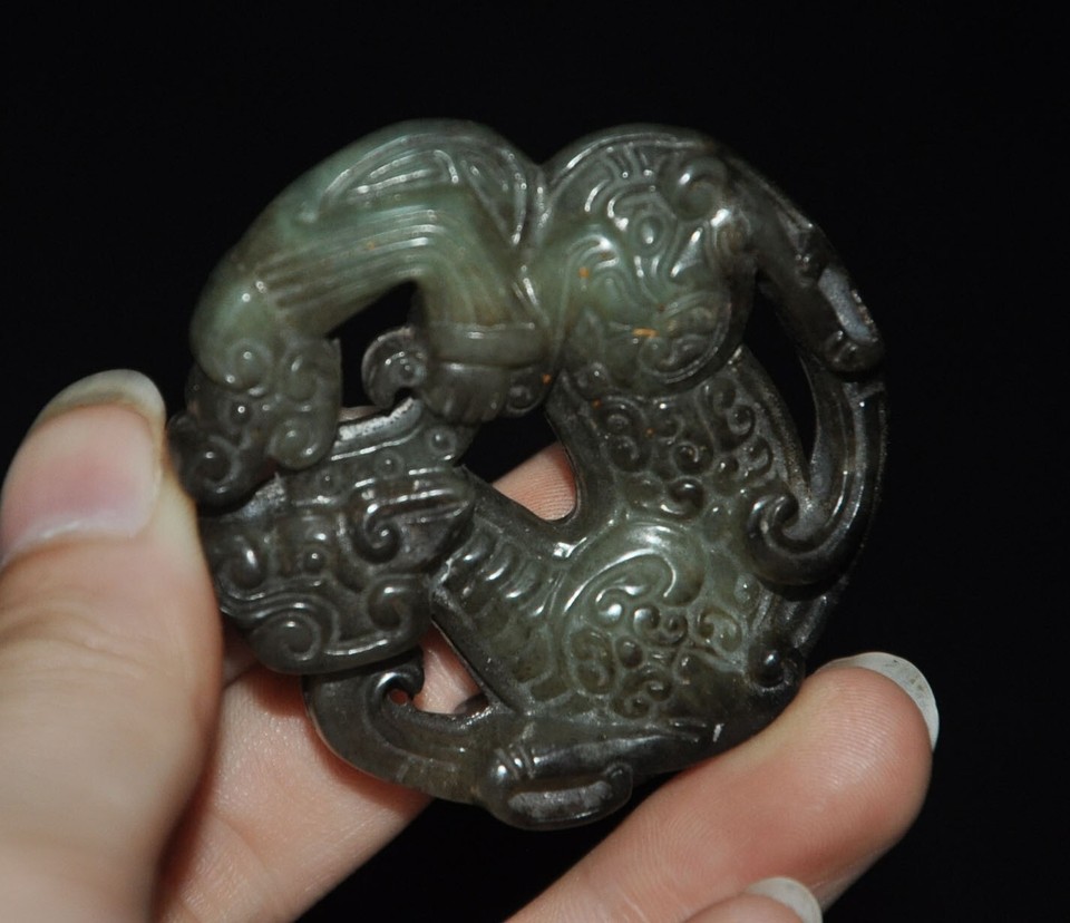 2" old China Old Jade Carved fengshui people ride dragon beast Talisman ...
