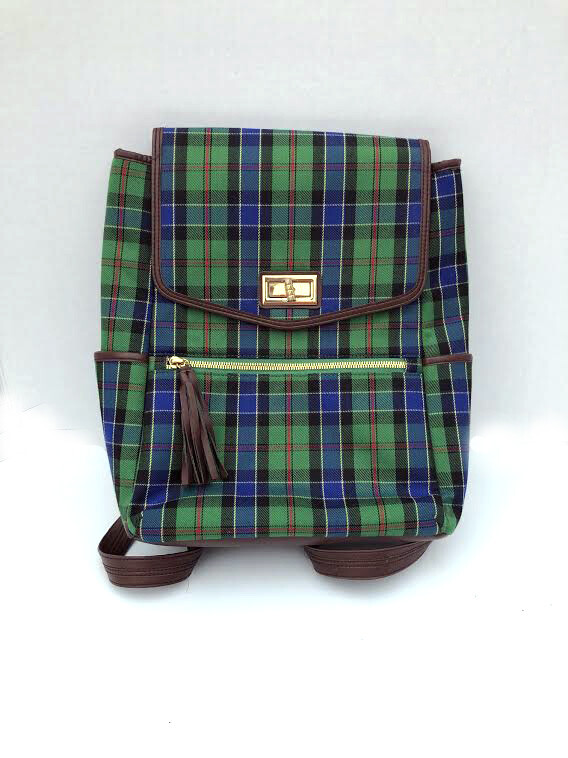 Green wool plaid tartan + brown leather gold metal Preppy backpack bag ...