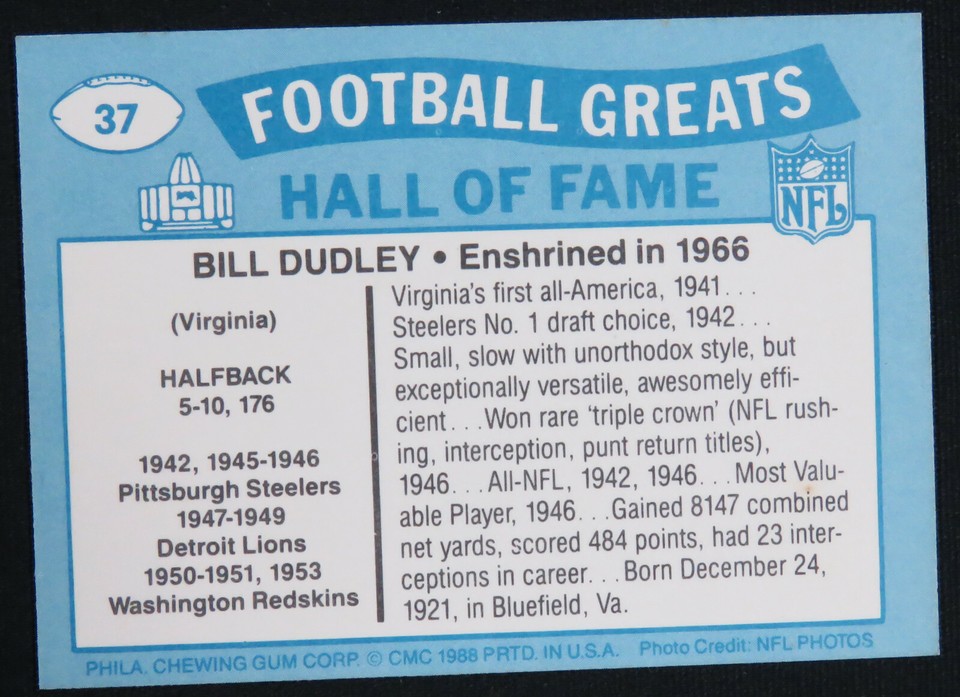 Bill Dudley Pittsburgh Steelers Autographed Signed 1988 Swell HOF ...