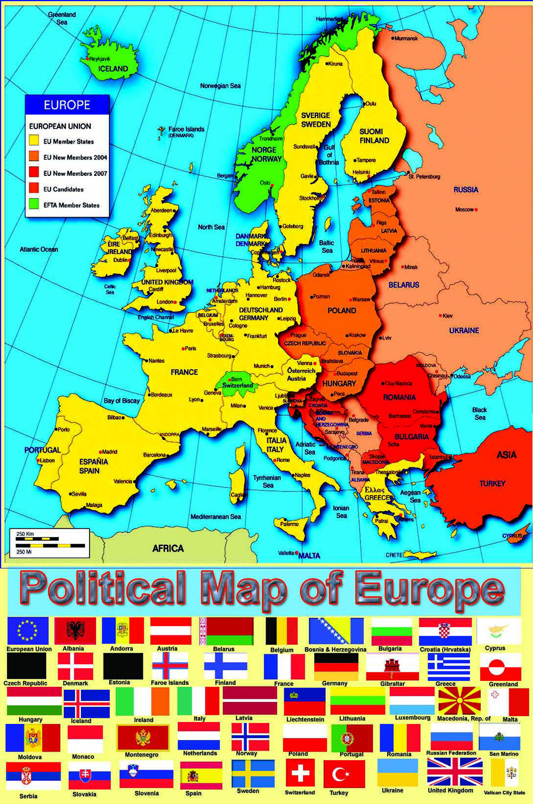 HUGE LAMINATED POLITICAL MAP OF EUROPE EUROPEAN POSTER + FLAGS wall ...