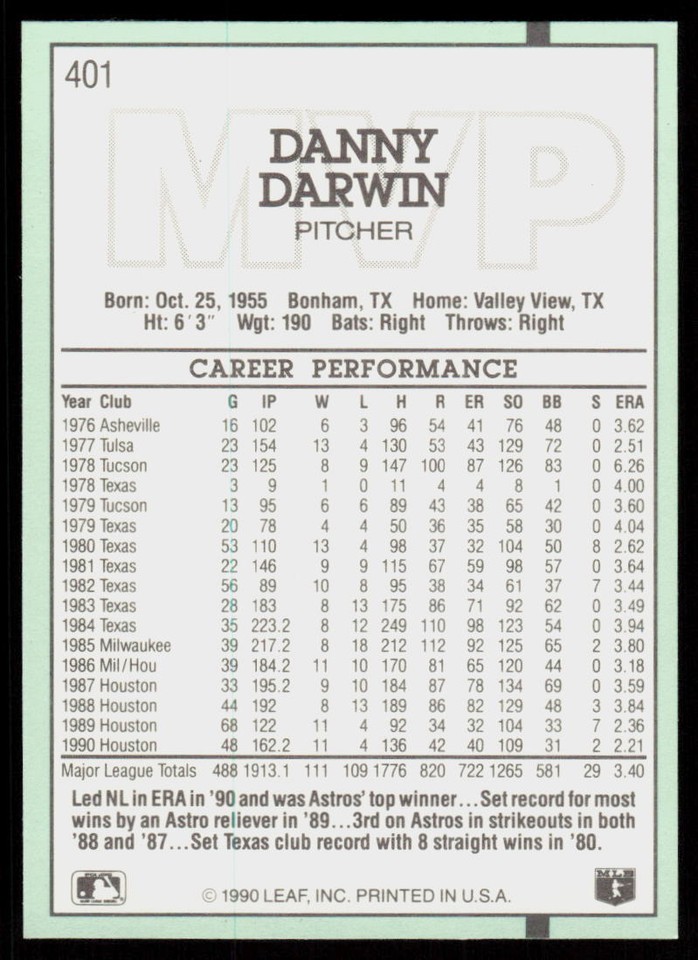 1991 Donruss Danny Darwin #401a BASEBALL Houston Astros | eBay
