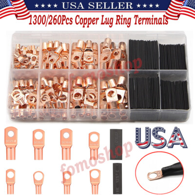 1300/260Pcs Copper Lug Ring Terminals Cable Electrical Wire Crimp ...
