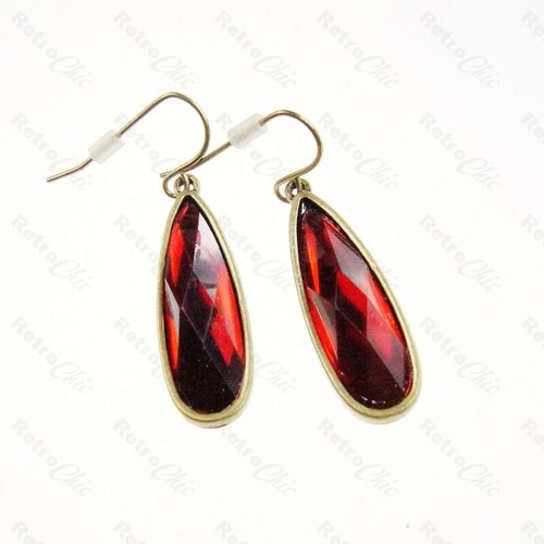 RED TEARDROP EARRINGS vintage brass/gold JEWEL rhinestone DROP jewelled ...