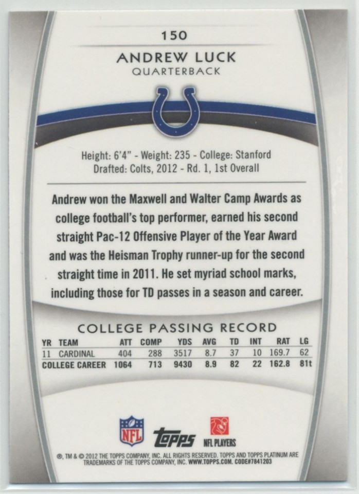 Andrew Luck 2012 Topps Platinum RC Rookie #150 Indianapolis Colts | eBay