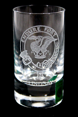COLLINS CRYSTAL SCOTLAND SHOT GLASS ETCHED CLAN NAME & CREST - LINDSAY ...
