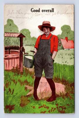 Cute Farm Girl by Water Well "Good Overall" Antique Pun Postcard Denim ...