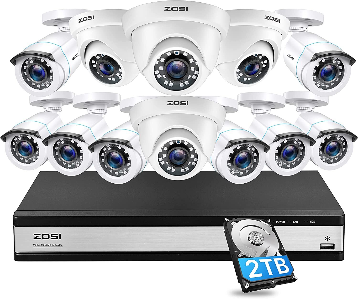 ZOSI 16CH H.265+ 2TB DVR +12 x 2MP Cameras Security System Outdoor ...