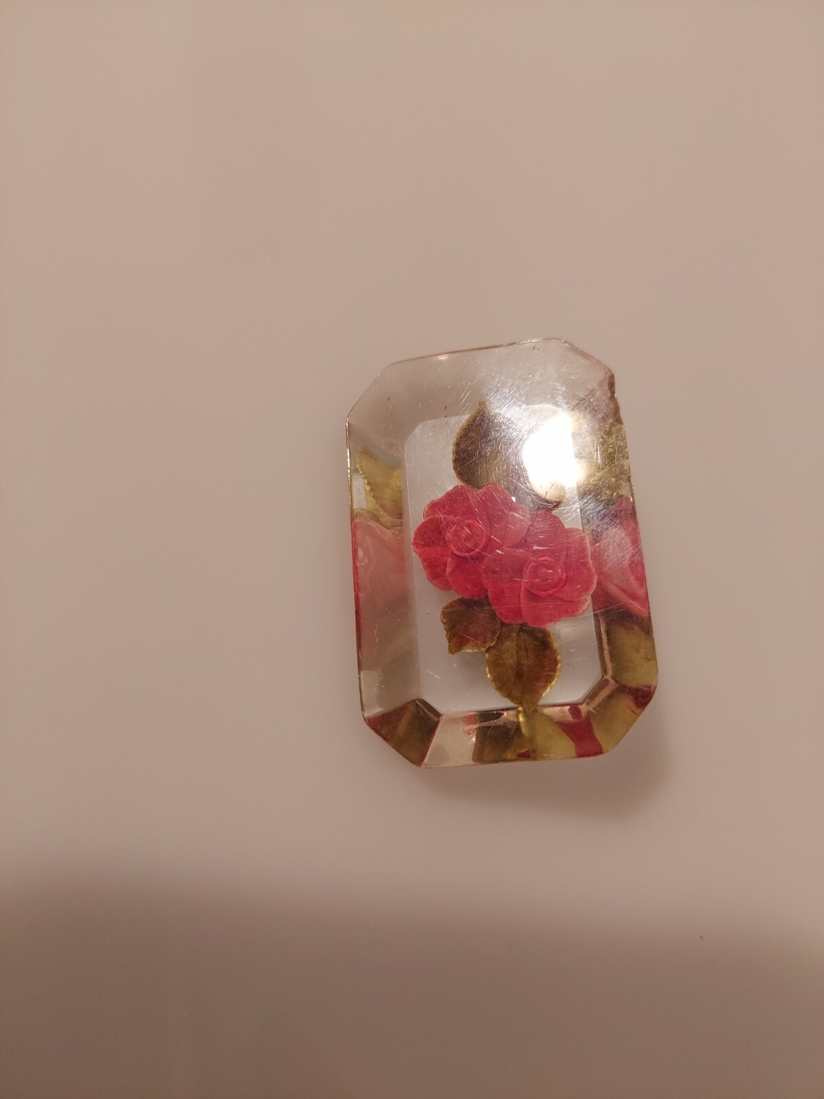 vintage reverse carved lucite 2 pink roses dried flow… - Gem