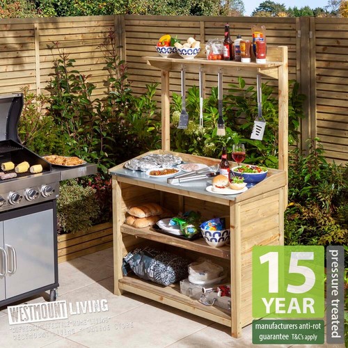 NEW WOODEN OUTDOOR BBQ TABLE WORKTOP SERVING STATION - 15 YEAR WARRANTY ...