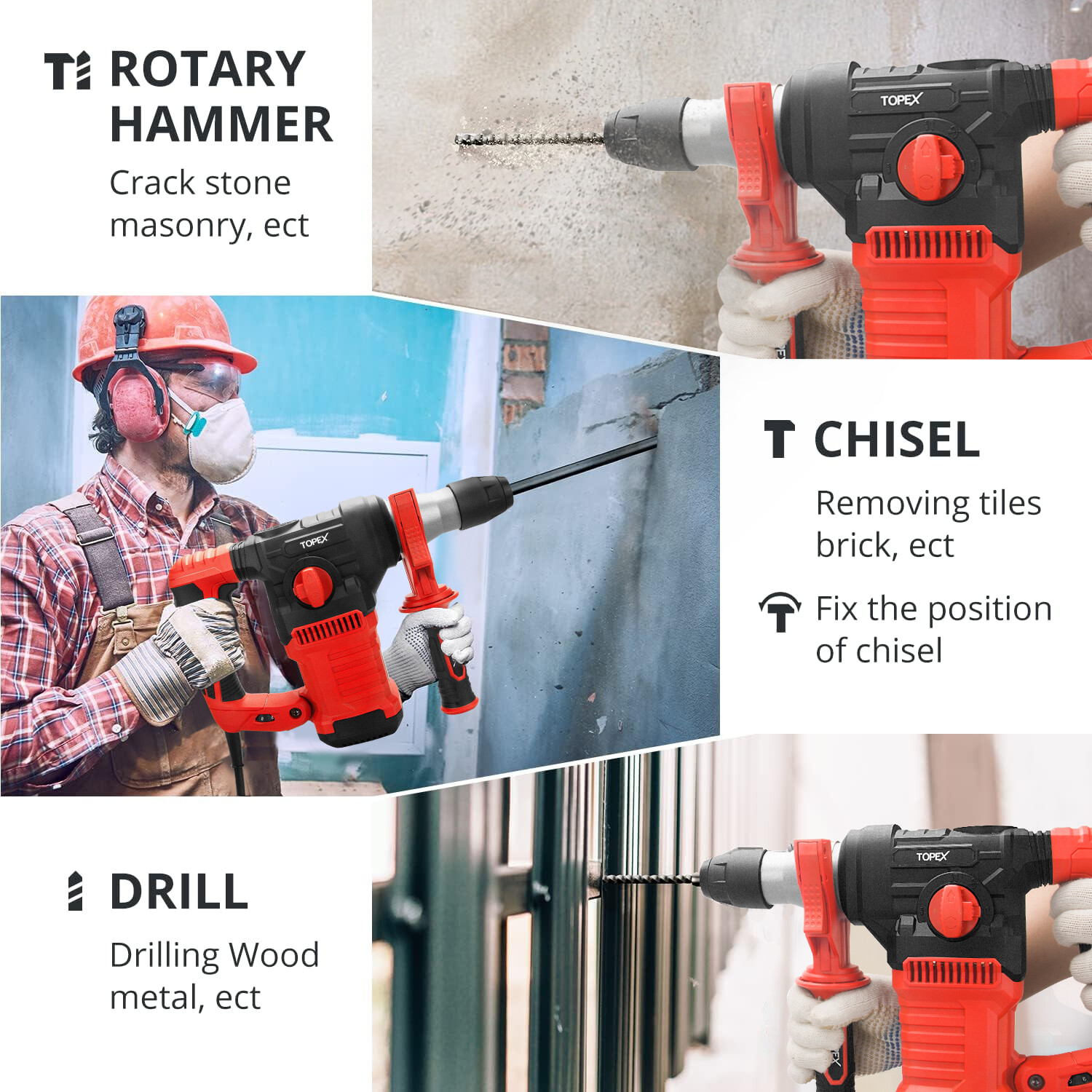 TOPEX 1500W SDS PLUS Rotary Hammer Drill Havey Duty Impact Hammer ...