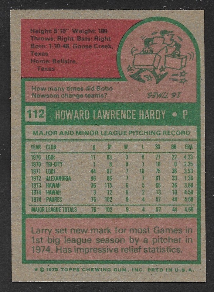 1975 TOPPS LARGE #112 Larry Hardy SAN DIEGO PADRES EX-MINT B | eBay
